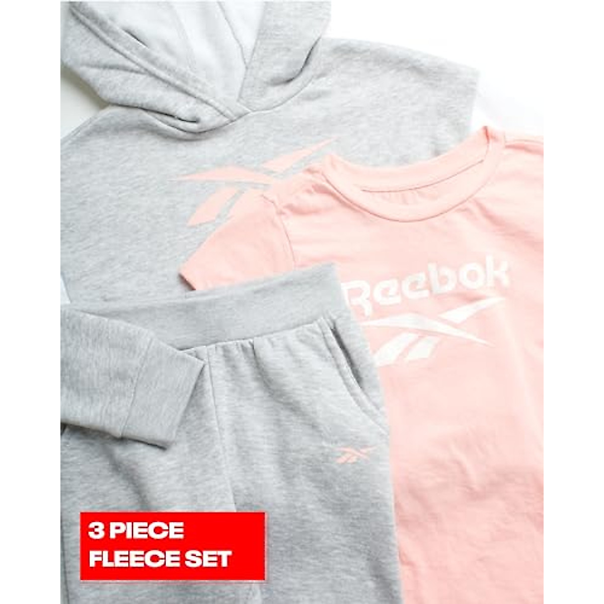 Reebok Baby Girls' Pants Set - 3 Piece Fleece Lined Sweatshirt, Graphic Tee and Jogger Pants for Infant and Toddler (12M-6X), Size 3T, Light Grey Heather