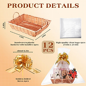 Soaoo 4 Set Baskets for Gifts Empty Bulk 14 x 10 x 2.8 Inch Christmas Large Wicker Storage Basket with Handle and Gift Bags and Golden Bows for Christmas Thanksgiving Party DIY Gifts