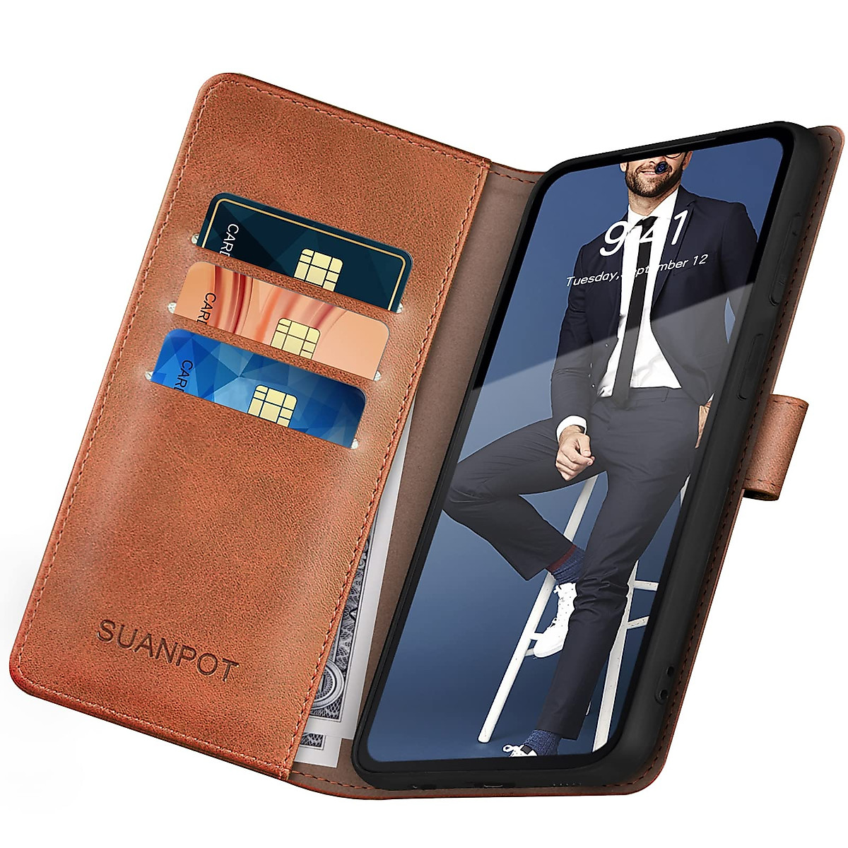 SUANPOT for Samsung Galaxy S22 with RFID Blocking Leather Wallet case Credit Card Holder,Flip Folio Book Phone case Shockproof Cover Women Men for Samsung S22 case Wallet Light Brown