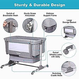 Kisdream Baby Bassinet Bedside Co Sleeper: Parents Next to Tall Bed Side Cradle Bassinette Attached Safe Cosleeper Crib Connected Portable Cosleeping for Newborn & Infant with Adjustable Height