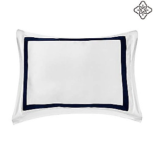 Bioweaves 100% Organic Cotton Banded Pillow Shams Soft Sateen Weave GOTS Certified – Standard/Queen Size, Set of 2, White & Navy