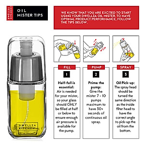 DWËLLZA KITCHEN Olive Oil Dispenser Bottle for Kitchen and Olive Oil Sprayer for Cooking Set – Olive Oil Sprayer Mister 6 OZ and Glass Oil Bottle 17 OZ with Measuring Pump Drip-Free Stainless Spout