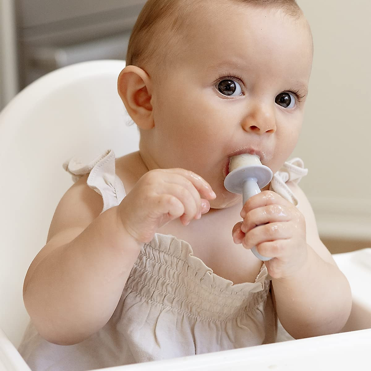 ezpz Tiny Pops (Pewter) - Popsicle Mold Set with Wands for Infants 4 Months + - Two Pack - Baby Essentials - Teething Relief