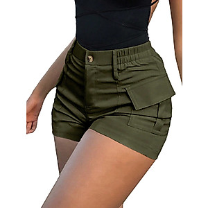 WDIRARA Women's High Waist Button Streetwear Cargo Shorts with Pockets Army Green M