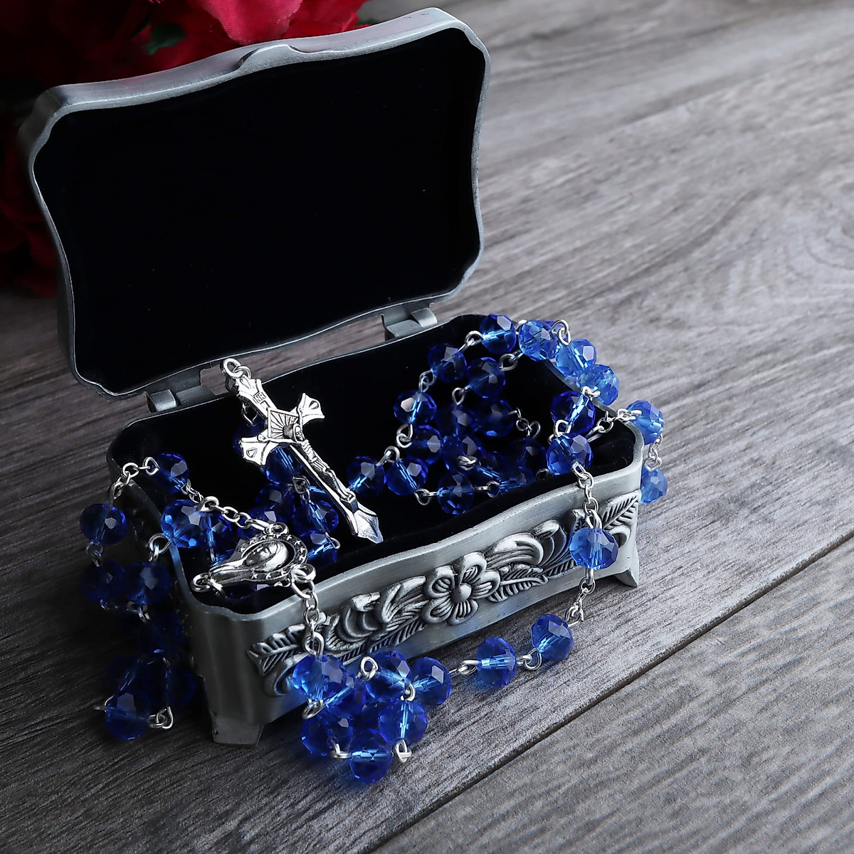 Trinity Church Supply Blue Glass Sapphire Rosary, Prayer Beads for Catholic Men, 8mm Bead, 20” Length and 1 ½ Inch Crucifix