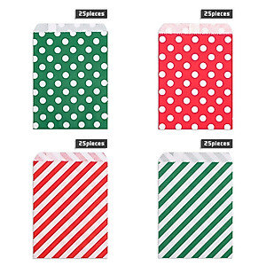 100 pieces Christmas Treat Bags Christmas Goodies Bags, Kraft Holiday Gift Bags Red Green Candy Buffet Paper Bags Xmas Holiday Party Favor Goody Bags