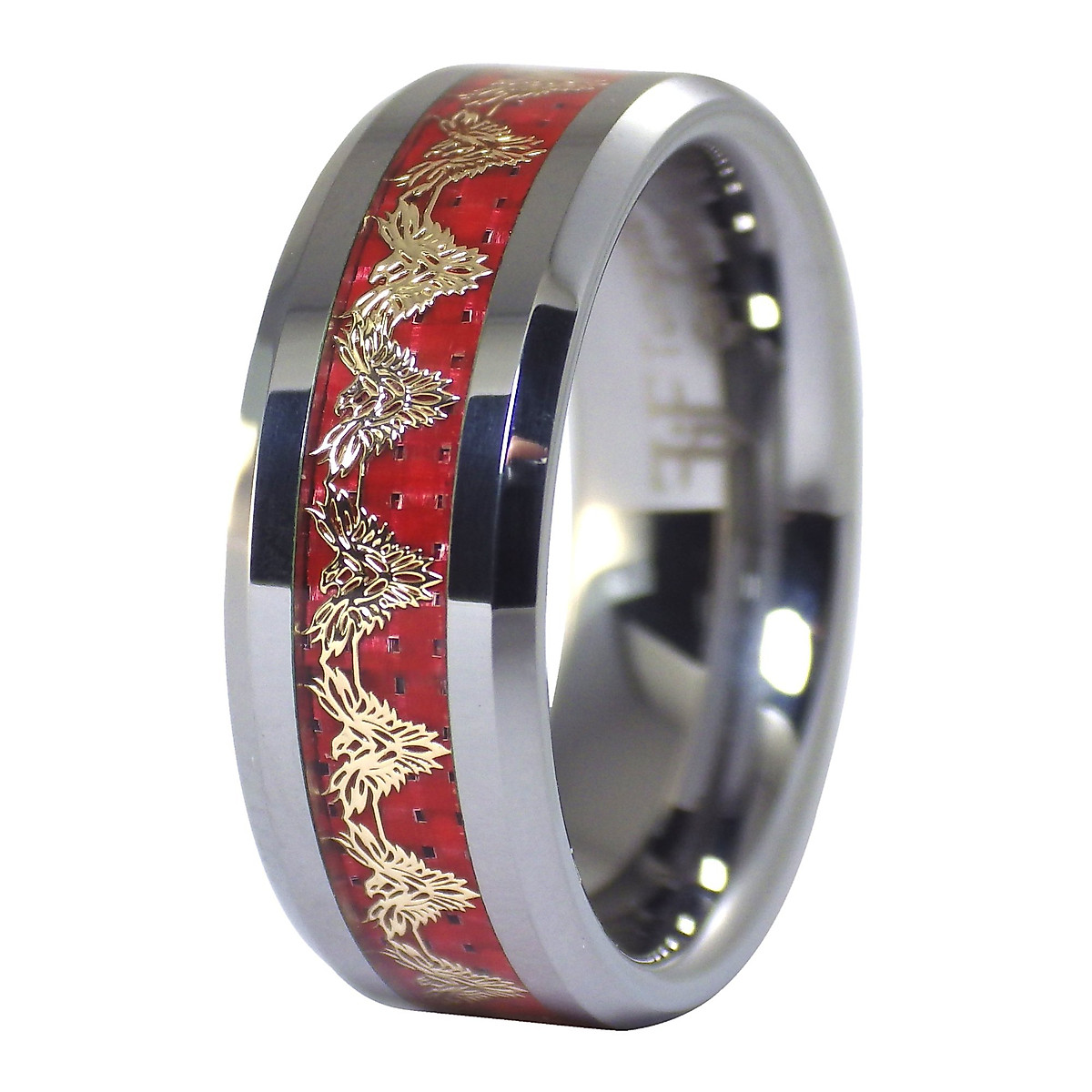 Fantasy Forge Jewelry Tungsten Gold Phoenix Ring Mens Womens Red Carbon Fiber Wedding Band 8mm Size 9.5
