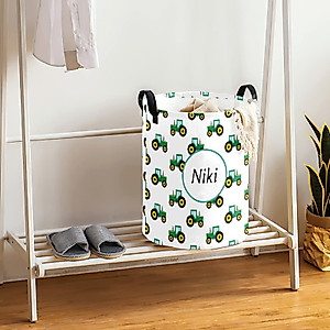 Farm Tractor Round Storage Basket Personalized Name Laundry Basket Waterproof Nursery Hamper with Handle for Living Room Bedroom and Clothes