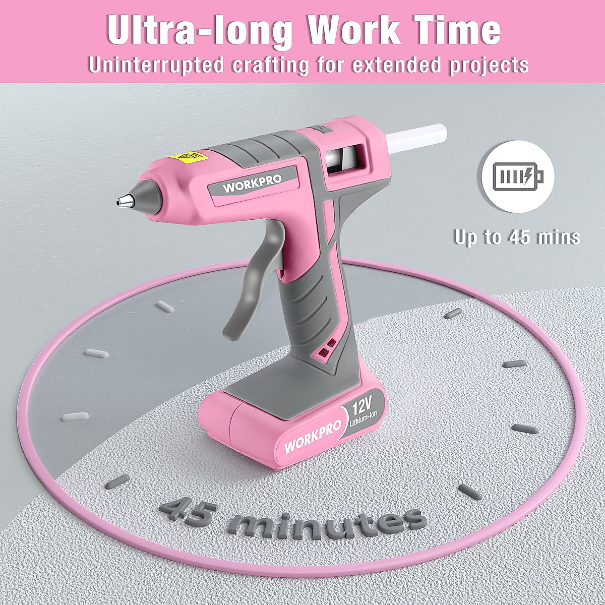 WORKPRO Full Size Cordless Hot Melt Glue Gun - 12V Rechargeable Fast Preheating Glue Gun Kit with 15pcs Full Size Glue Sticks, Auto Power-off Glue Gun for DIY Project, Art, Craft - Pink Ribbon