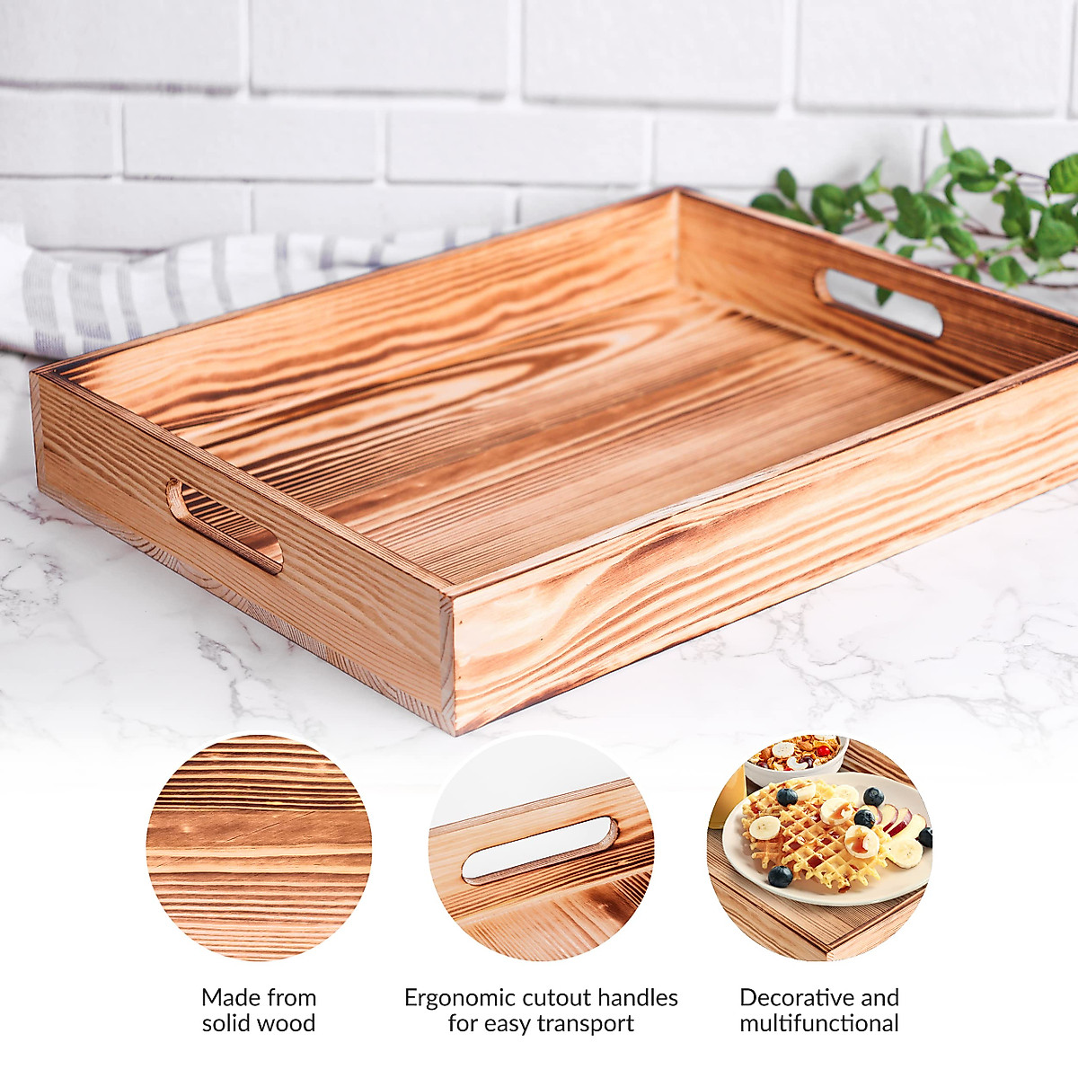 Wood Serving Tray with Handles Rectangular Wooden Coffee Table Breakfast Large Tray for Eating, Bedroom, Kitchen, Living Room - 17x13 inches
