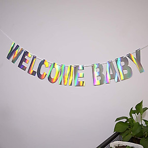 Blukey Holographic Welcome Baby Banner Hanging Bunting String Flag Iridescent White Baby Shower Decorations Banners and Signs