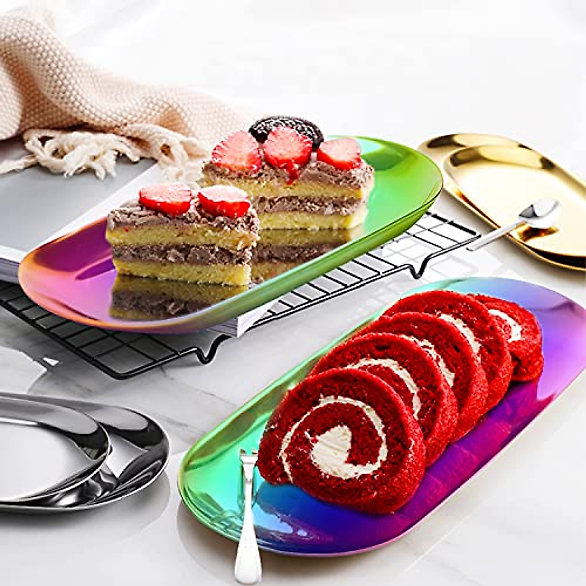 2 Pcs Metal Serving Trays, Rainbow Decorative Tray Jewelry Tray Dish Plate Tea Fruit Trays Cosmetic Organizer Storage Display Tray for Perfume Candle, Kitchen Bathroom Vanity Counter (Mix 3)