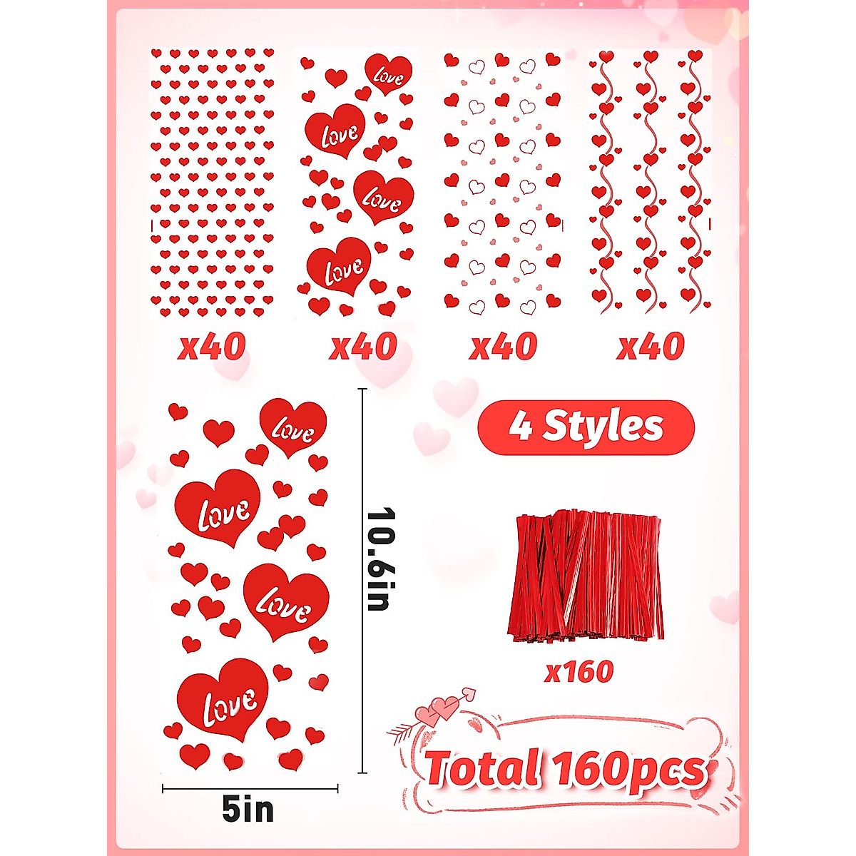 Biubee 160 Pieces Valentine Cellophane Bags- 4 Assorted Styles Valentines Favor Treat Gift Goodie Cello Bags Clear with 160pcs Twist Ties for Valentines Party Supplies Candy Cookies