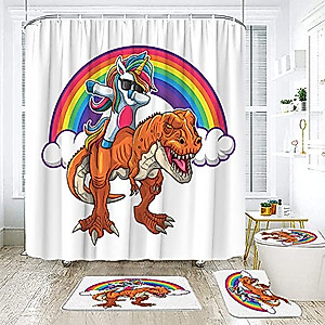 4 Pcs Set Shower Curtain for Bathroom Funny Unicorn Riding Dinosaur and Rainbow Boys Fabric Shower Curtains Fantasy Galaxy Space Cute Cool Dino Raptor Toilet Lid Cover and Bath Mat Bathroom Decor