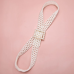 Barry.Wang Wide Belt for Women Fashion Wedding Sash Dress Pearls Belt Square Buckle Elastic Waist Chain