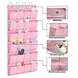 Pink Shoe Organizer Over the Door for Girls Women Kids Room,Hanging Shoe Rack Organizer for Closet Door,Zapateras Storage Holder with 24 Large Pockets & 4 Sturdy Hooks for Shoes,Slippers