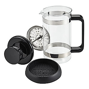 BonJour Coffee Borosilicate Glass French Press with Coaster & Scoop, 33.8-Ounce, Riviera, Black