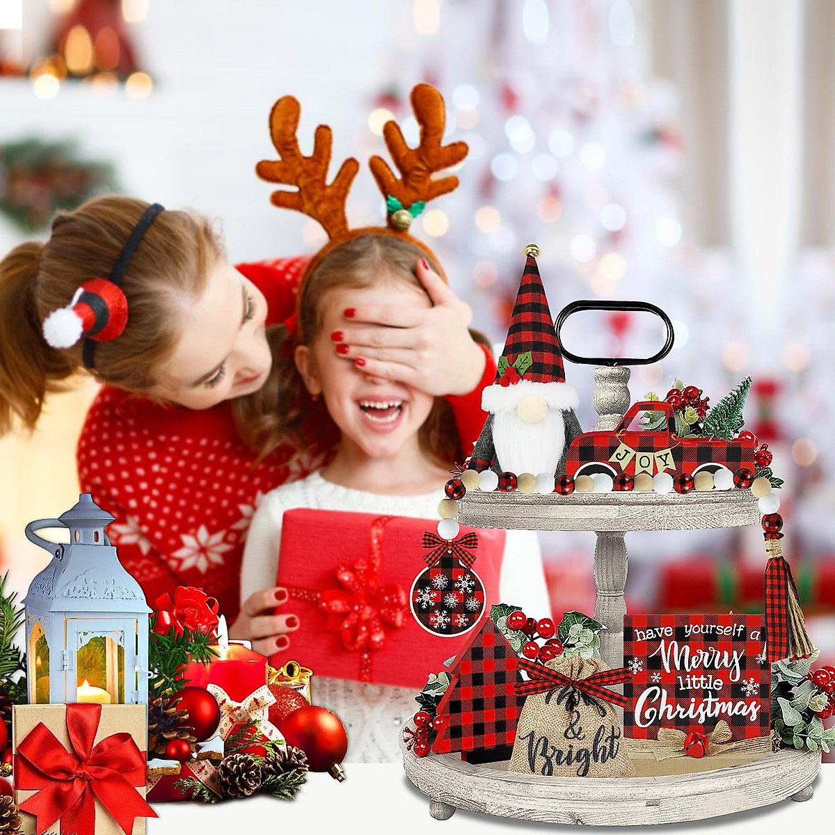 Christmas Tiered Tray Decor Set - Christmas Decorations Indoor, Rustic Farmhouse Wood Bead Garland Buffalo Plaid Gnome Christmas Wooden Sign for Home Kitchen Table Mantel Party Decor