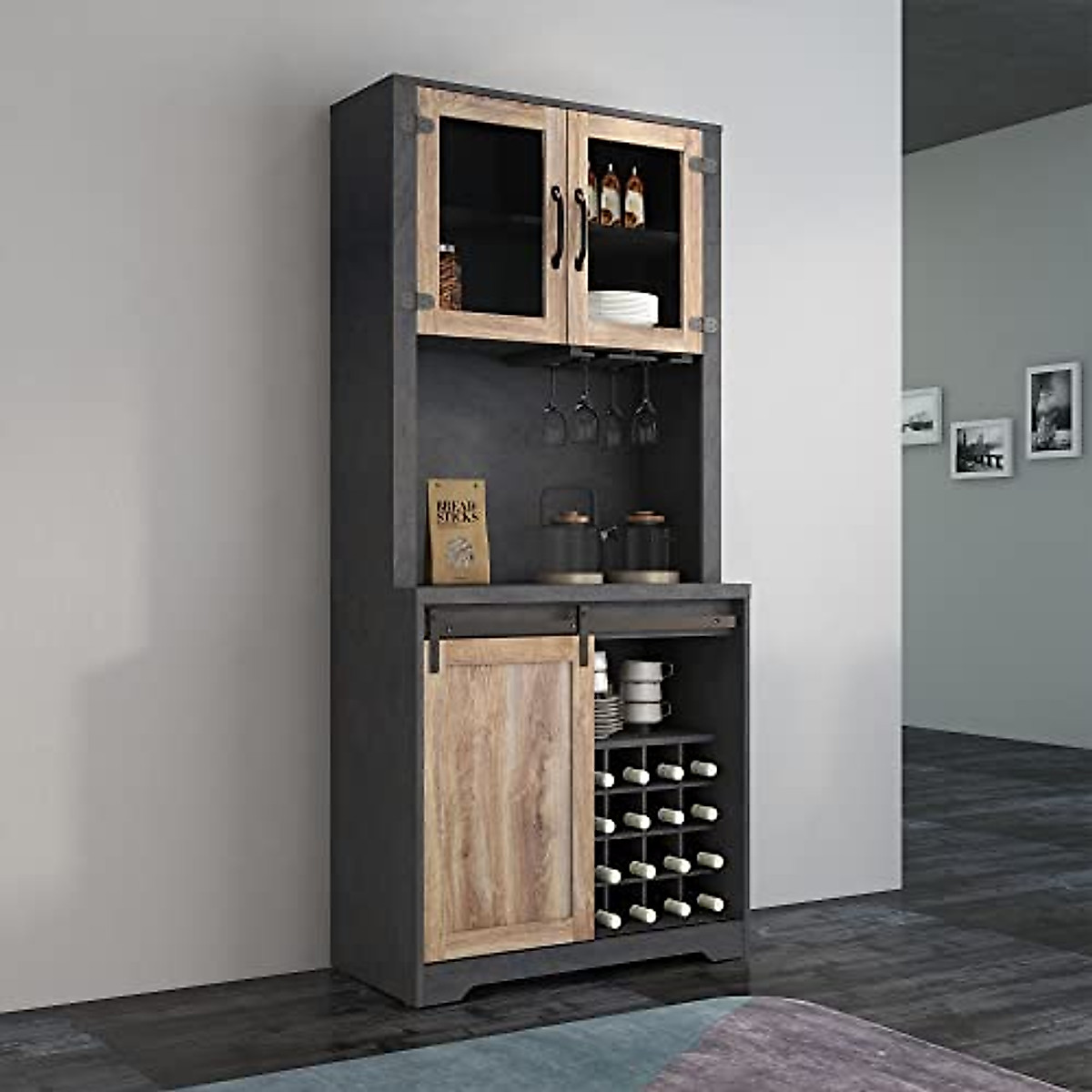 Holaki Wine Bar Cabinet,Kitchen Hutch Storage Cabinet with Sliding Barn Door and Shelves,Farmhouse Sideboard and Buffet Cabinet with Wine Rack,Coffee Bar Cabinet for Living,Dining Room,Kitchen(Black)