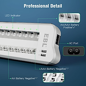 EBL Battery Charger with AA AAA Batteries - 8Bay Battery Charger and 4pcs AA Rechargeable Batteries 2800mAh & 4pcs AAA Battery NiMh Battery