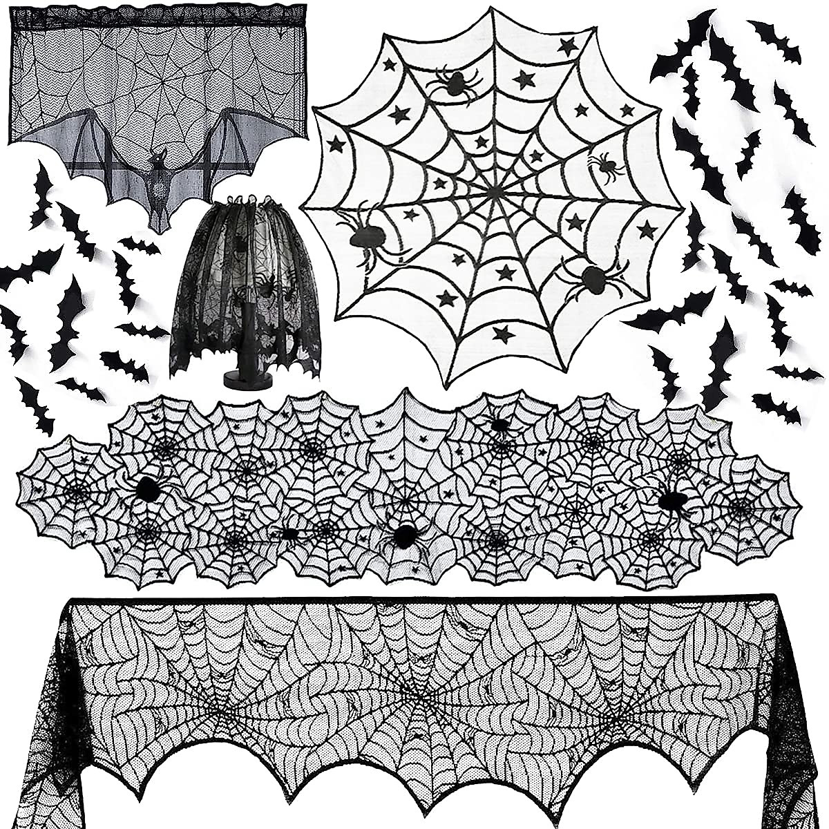 Anditoy 6 Pack Halloween Decorations Sets Spider Webs Tablecloth Fireplace Scarf Runner Round Cobweb Table Cover Lampshade Door Curtain with 24pcs 3D Bats for Halloween Decor Indoor Party Supplies