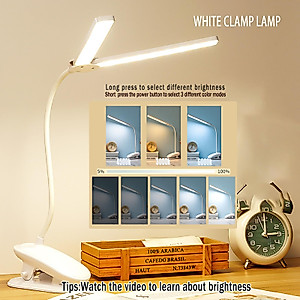 GcSige Dual Head LED Desk Lamp with Clamp, Eye-Caring Clip on Lights for Home Office, 3500mAh Rechargeable Battery Operated Table Lamps,3 Lighting Modes & Brightness Dimmer Light for Kids Students