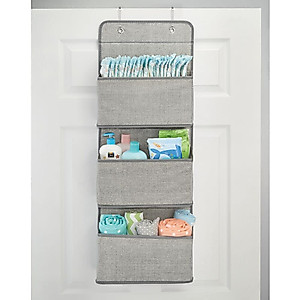mDesign Fabric Baby Nursery Hanging Organizers for Over the Door Storage for Kids - 3 Pocket Organizer Caddy, Hooks for Clothing, School, Diaper, Toy, Outfits, Lido Collection, Textured, 2 Pack - Gray