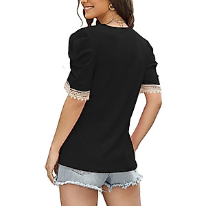 Tshirts Dresses Shirts for Women Sexy Women's Casual Summer V Neck Solid Color Hollow Gold Lace Stitching Bubble Short