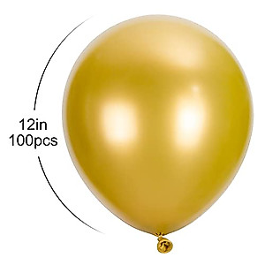 100pcs Metallic Gold Balloons, 12 inch Chrome Gold Latex Party Balloons Helium Quality for Party Decoration Like Birthday Party, Baby Shower,Wedding, Halloween or Christmas Party (with Gold Ribbon)