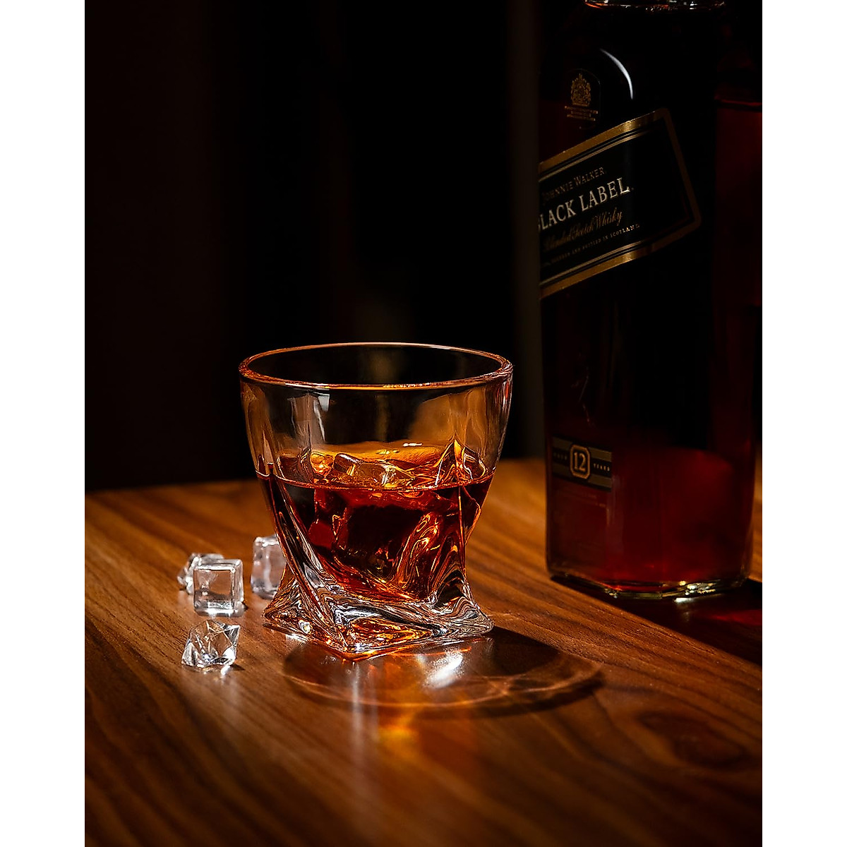 LUXU Whiskey Glasses(Set of 4)-10 oz Twisted Scotch Glasses,Premium Old Fashioned Glasses,Clear Crystal Bourbon Rock Glasses,Large Bar Glasses,Unique Glassware Tumblers for Cocktails