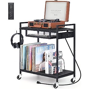 SEHERTIWY Record Player Stand with Vinyl Storage, Black Turntable Stand with Charging Station, Record Player Holder with Detachable Wheels