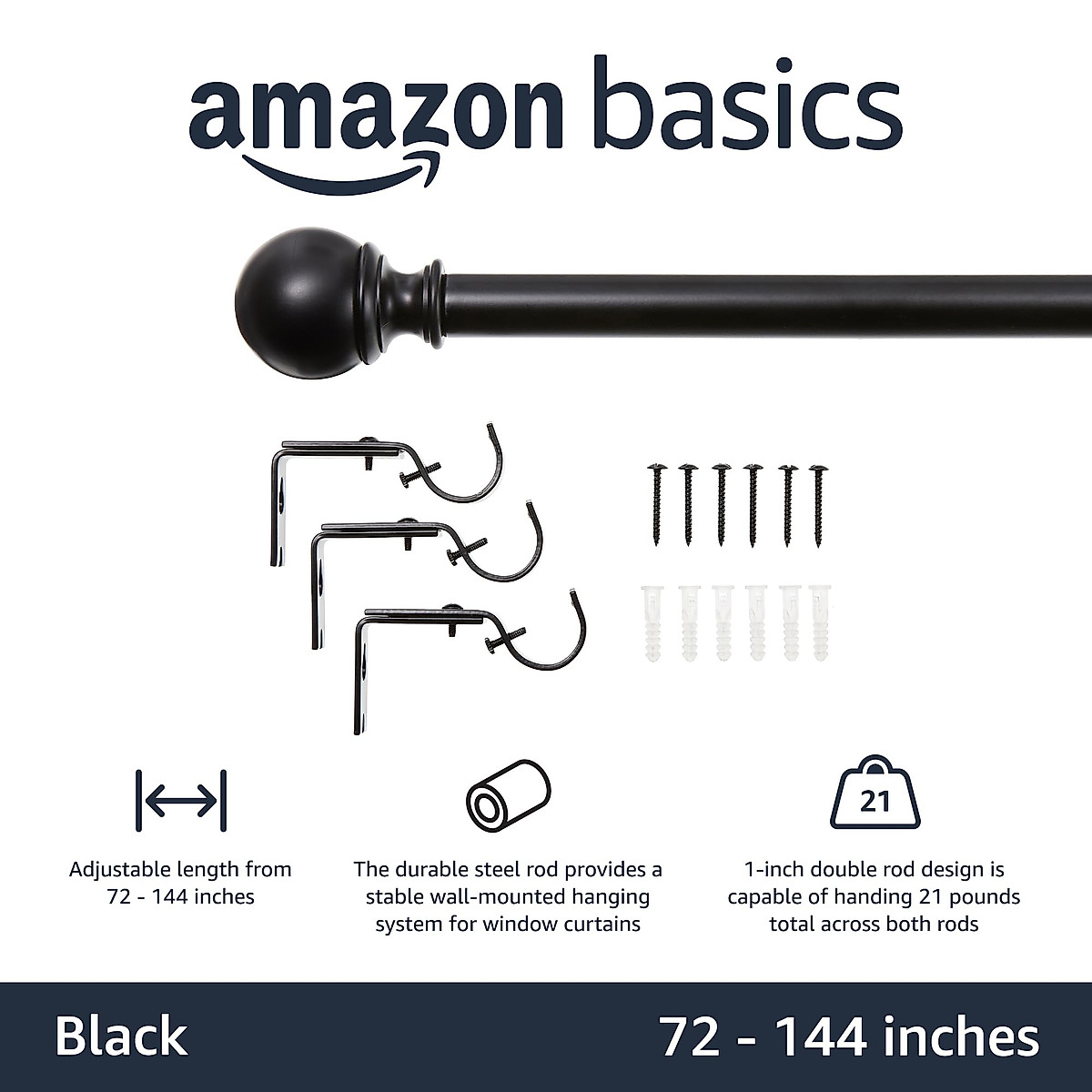 Amazon Basics 1-Inch Curtain Rod with Round Finials - 1-Pack, 72 to 144 Inch, Black