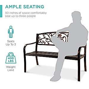 Best Choice Products Outdoor Bench Steel Garden Patio Porch Furniture for Lawn, Park, Deck w/Floral Design Backrest, Slatted Seat - Brown