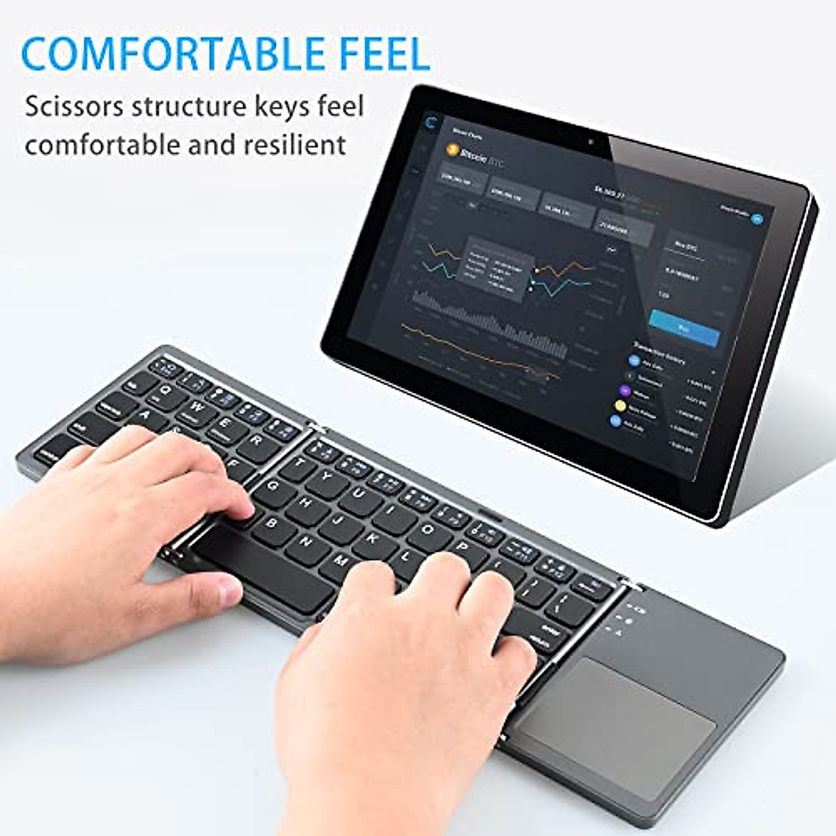 JPHTEK Foldable Bluetooth Keyboard with Touchpad, Portable Wireless Keyboards, Rechargeable Full Size Ultra Slim Pocket Folding Keyboards for Android Windows iOS Tablet & Laptop Gray