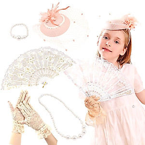 JeVenis Set of 4 Tea Party Hats for Kids Tea Party Necklace Gloves Lets Partea Bridal Shower Supplies