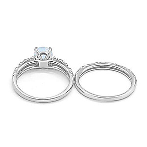 Blue Apple Co. Art Deco Two Piece Wedding Engagement Bridal Set Created White Opal Round Cubic Zirconia 925 Sterling Silver, Size-7
