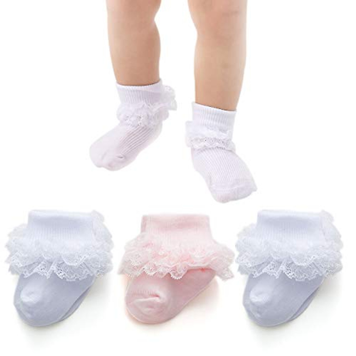 Mini angel Baby Lace Socks Newborn Girls Triple Lace Ruffle Frilly Socks Soft Cotton Turn Cuff Socks with Box Gift Set,3 Pairs,White/Pink,0-6 Months
