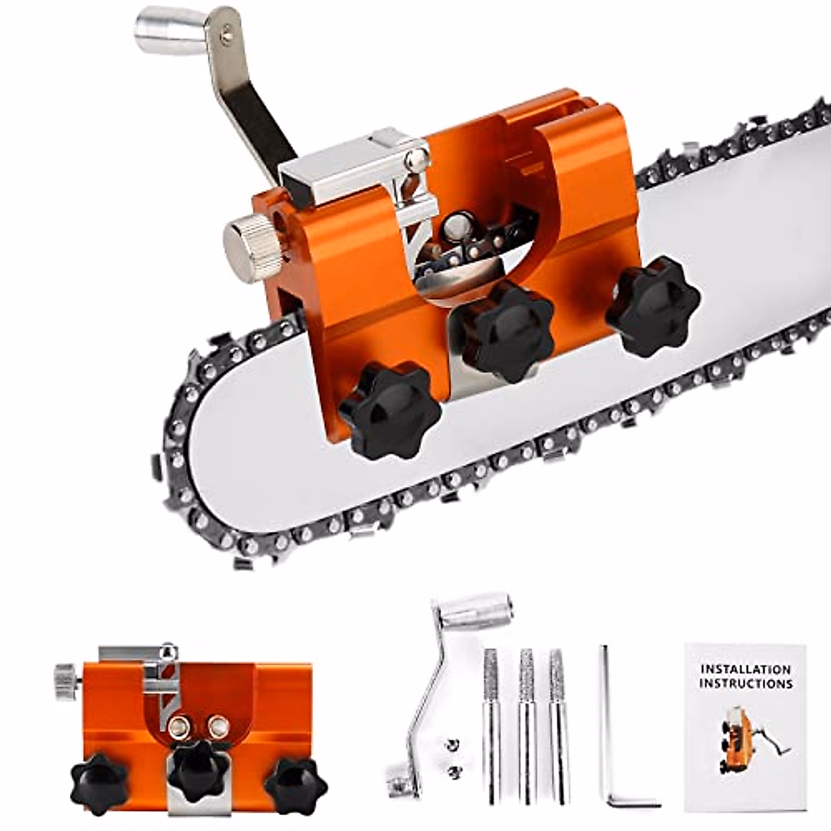 Chainsaw Sharpener, Chainsaw Sharpening Jig Hand Crank with 3 Grinding Rod, Portable Manual Steel Chainsaw Blade Sharpener Tool Attachment for Gas/Electric Chain Saw, Lumberjack and Garden Worker