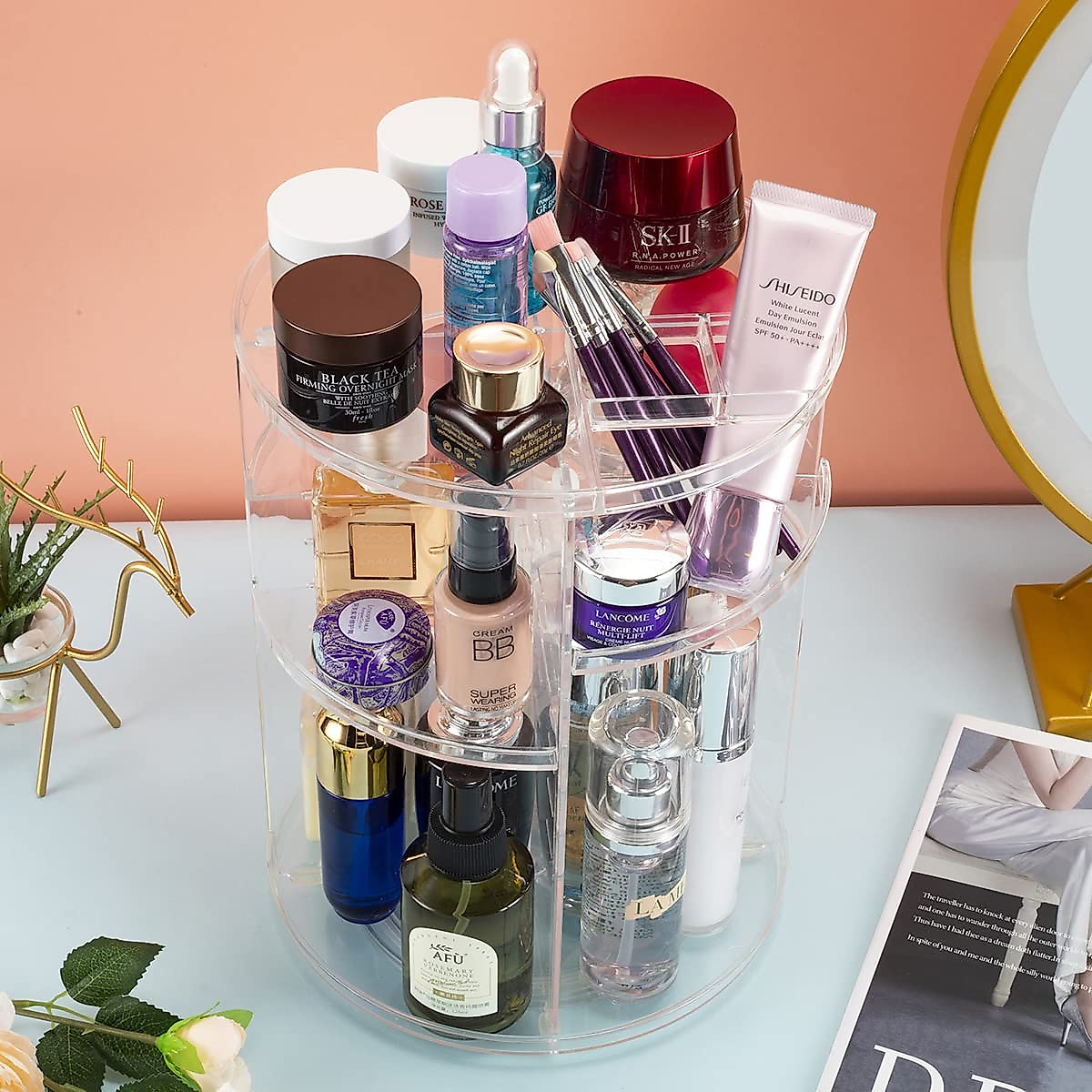 Argox 360° Rotating Makeup Organizer, Skincare Storage Box, Cosmetic Display Case with Brush Holder Perfume Tray, Multifunctional Rotating Rack Suitable for Dressing Tables and Bathroom Countertops