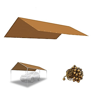 YardGrow 10'x20' Carport Replacement Canopy Cover for Tent Car Shelter Top Tarp Cover w/Bungees, Carport Canopy Top Replacement Cover ONLY (Tan)