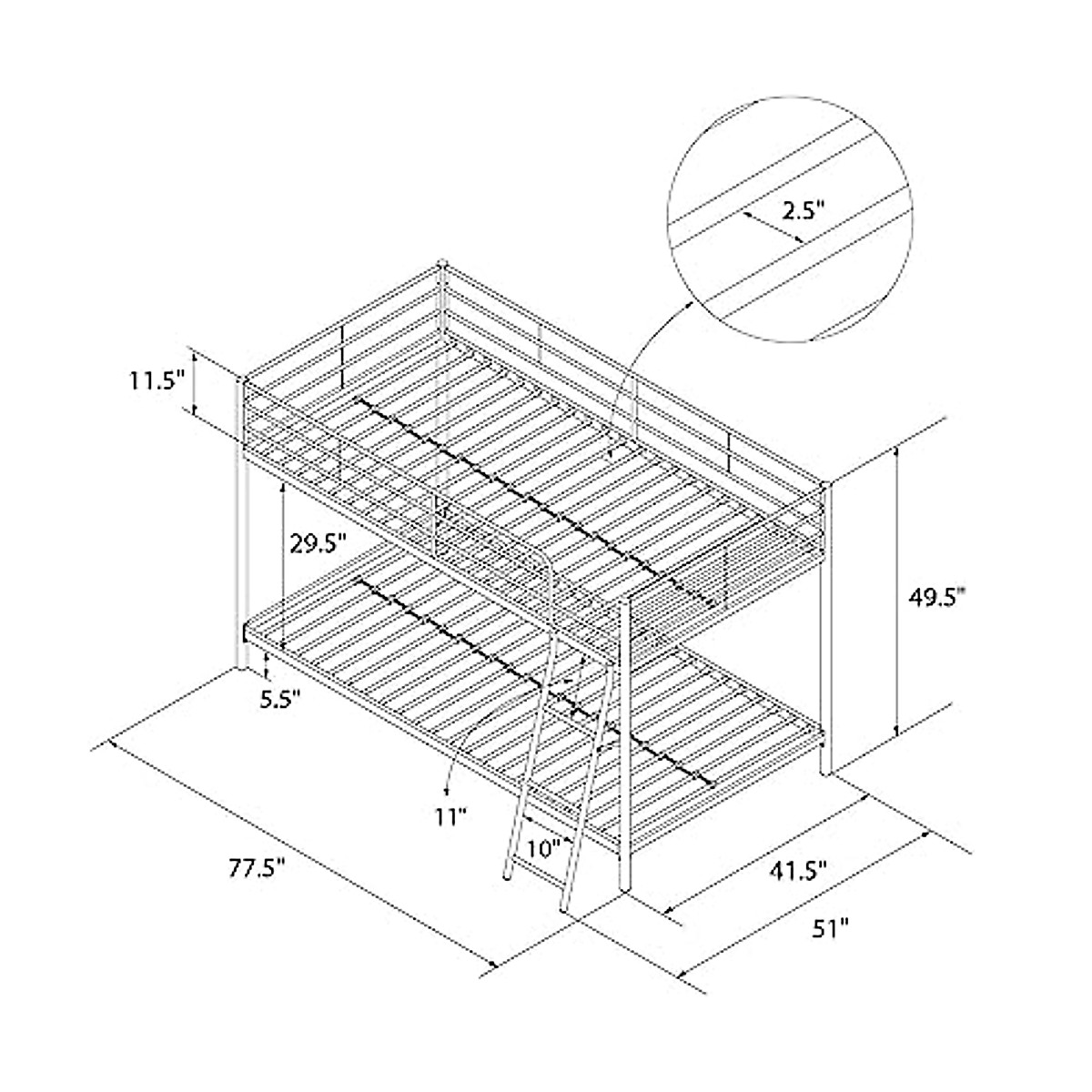 DHP Junior Twin, Low Bed for Kids, Black Bunk -77.5"L x 51"W x 49.5"H