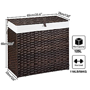 GREENSTELL Laundry Hamper with Lid, 125L Large 3 Sections Clothes Hamper with 2 Removable Liner Bags & 5 Mesh Laundry Bags, Handwoven Synthetic Rattan Divided Laundry Basket Brown