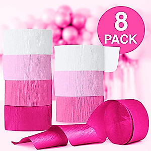 Pink Crepe Paper Streamers, Pink Party Decorations - 8 Large Rolls, 2in x 120ft Each Roll - Decorative Creped Roll for Birthday, Festival, Wedding, Backdrop or Photo Booth Decoration and Flower Making