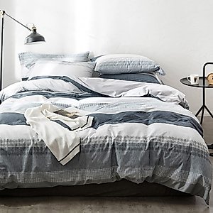 OREISE Duvet Cover Set Full/Queen Size 100% Cotton Bedding Set Gray Blue White Printed Striped Style,3Piece (1 Duvet Cover + 2 Pillowcase),Comfortable Luxurious Soft