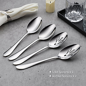 E-far Serving Spoons, 4-Piece Stainless Steel Serving Utensils Set - Solid Spoons x 2, Slotted Spoons x 2, Metal Hostess Serving Tablespoons for Catering Buffet Party Kitchen Restaurant