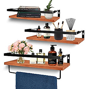 SARORRA Floating Shelves Set of 3, Wall Mounted Hanging Shelves with Towel Rail, Wall Decorative Storage Shelves for Bathroom, Kitchen, Living Room & Bedroom