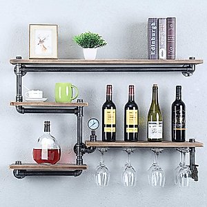 Wall Wine Rack with 4 Stem Glass Holder Wall-Mounted Wine Racks, 39.37" Industrial Pipe Shelf Wine Rack Metal Floating Bar Shelves, Farmhouse Wall Shelf Wine Holder for Kitchen Dining Room Bar