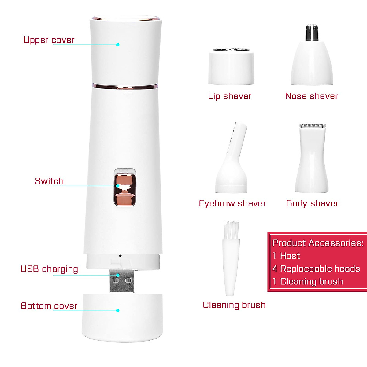 4 in 1 Electric Razor for Women,KIBTOY Wet & Dry Painless Rechargeable Shaver for Legs Underarms and Bikini Line Area, Nose, Armpit, Eyebrow, Facial Hair.