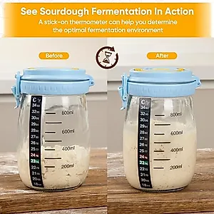 Sourdough Starter Kit, JAOBHAHY 35 OZ Sourdough Starter Jar with Lids, Reusable Sourdough Jar with Thermometer, Silicone Scraper, Cloth Cover and Bread Lame(1-Pack)