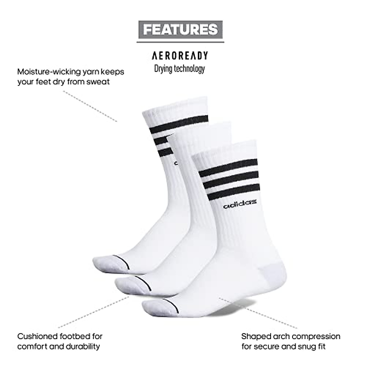 adidas Men's 3-Stripe Crew Socks (3-Pair), White/Black/Clear Onix Grey, Large
